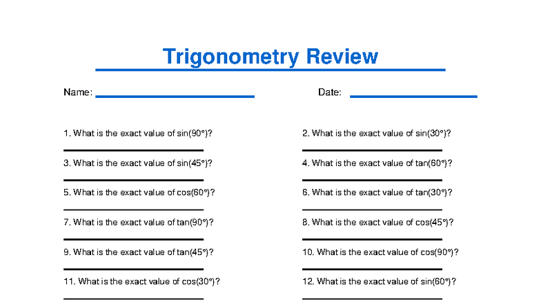 Trigonometry Review (Course Code: 9) - Exact Values Practice - Studocu