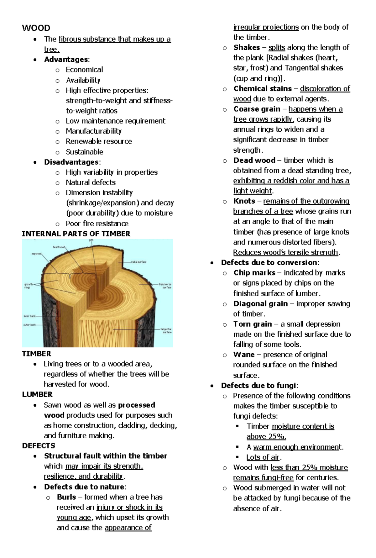 WOOD - Comprehensive Review of Timber Properties and Defects - Studocu