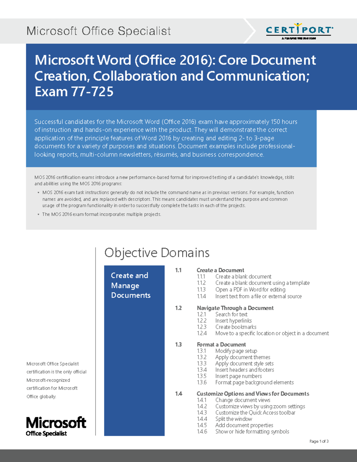 MOS Word 2016 Exam Objectives - Page 1 of 3 Microsoft Word (Office 2016 ...