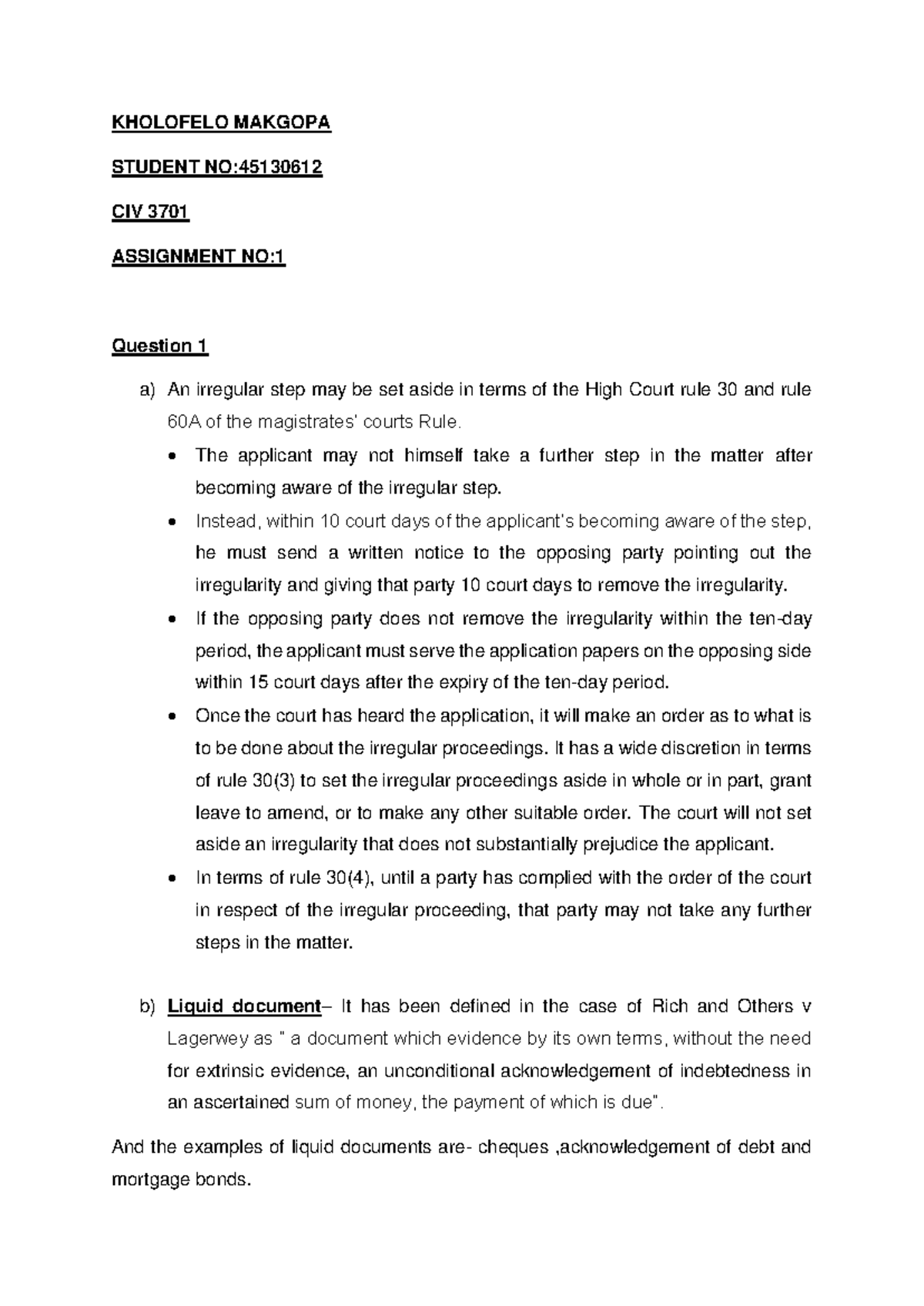 CIV 3701 Assignment 1: Irregular Steps & Jurisdiction in Legal Matters ...