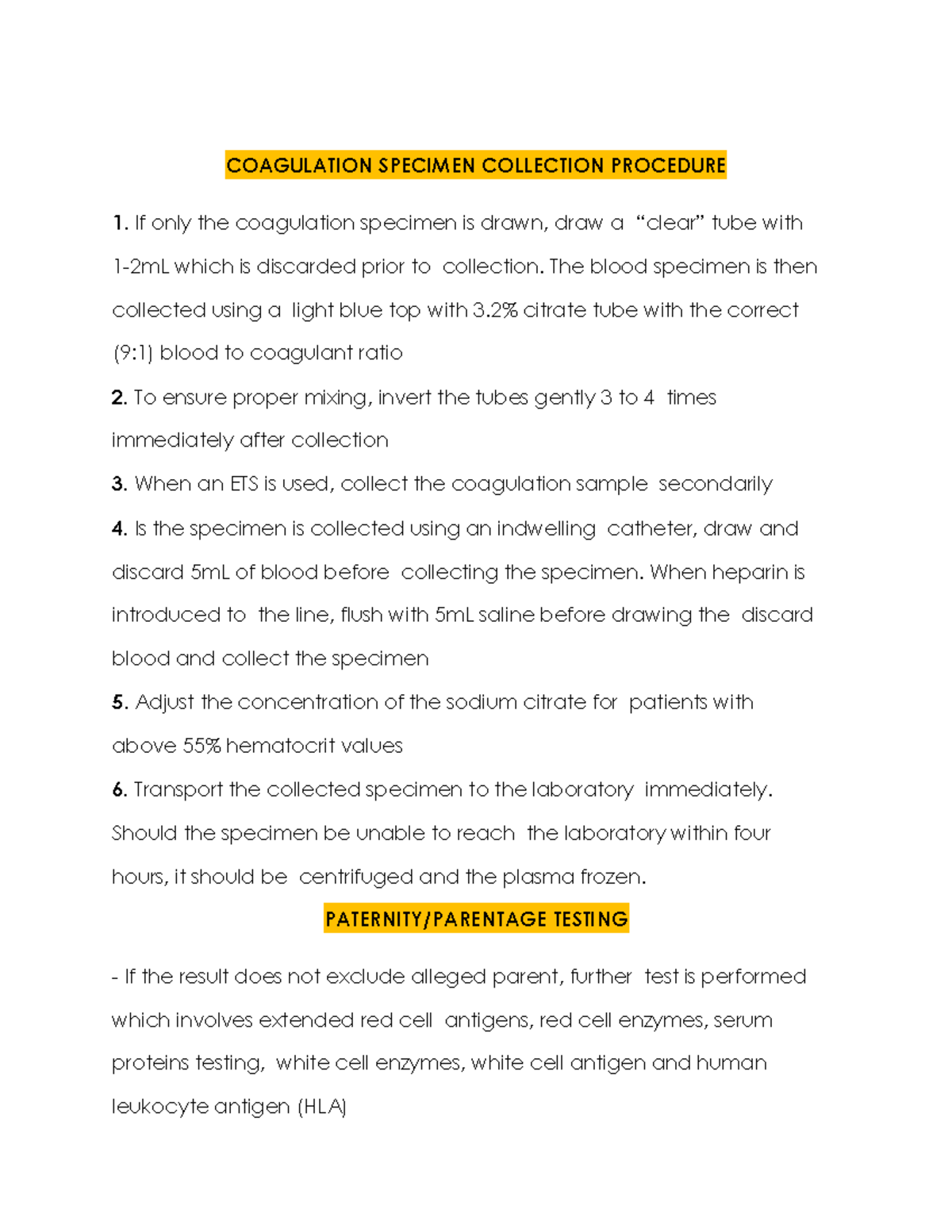 Coagulation Specimen Collection Procedure - COAGULATION SPECIMEN ...