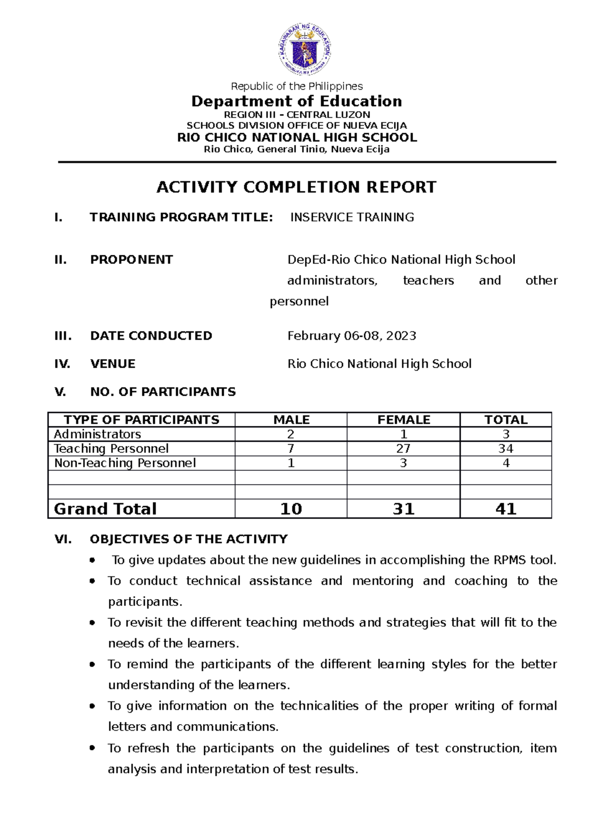 In-Service Training Activity Completion Report - DepEd-Rio Chico - Studocu