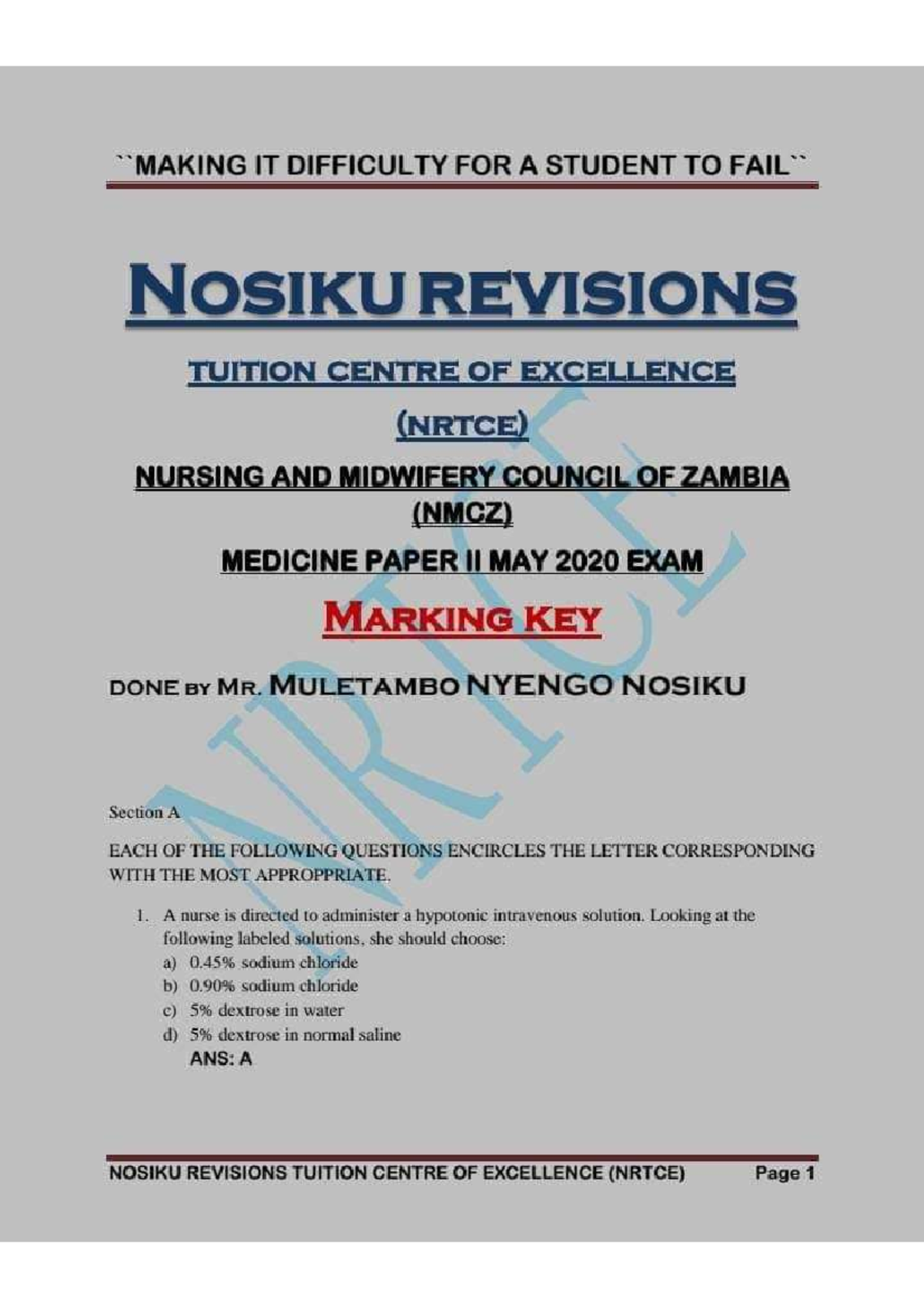 Medicine Paper II May 2020 NMCZ Exam Marking Key - NRTCE - Studocu