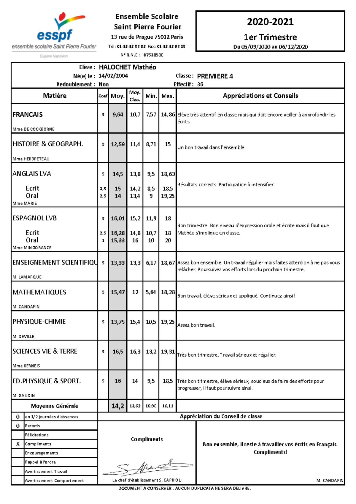 Note A001 - Bilan trimestriel - 1er Trimestre Du 05/09/2020 au 06/12 ...