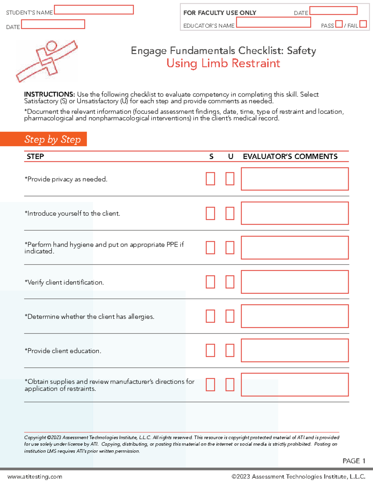 ENG 101: Skills Checklist for Safety Using Limb Restraint - Studocu