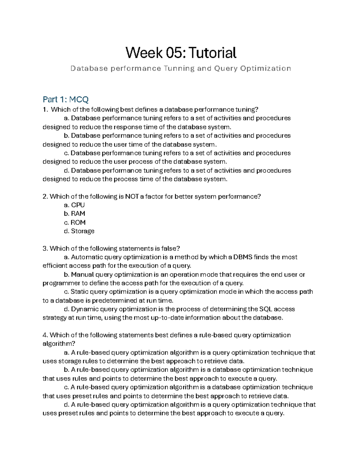 Week 05: Tutorial on Database Performance Tuning & Query Optimization - Studocu