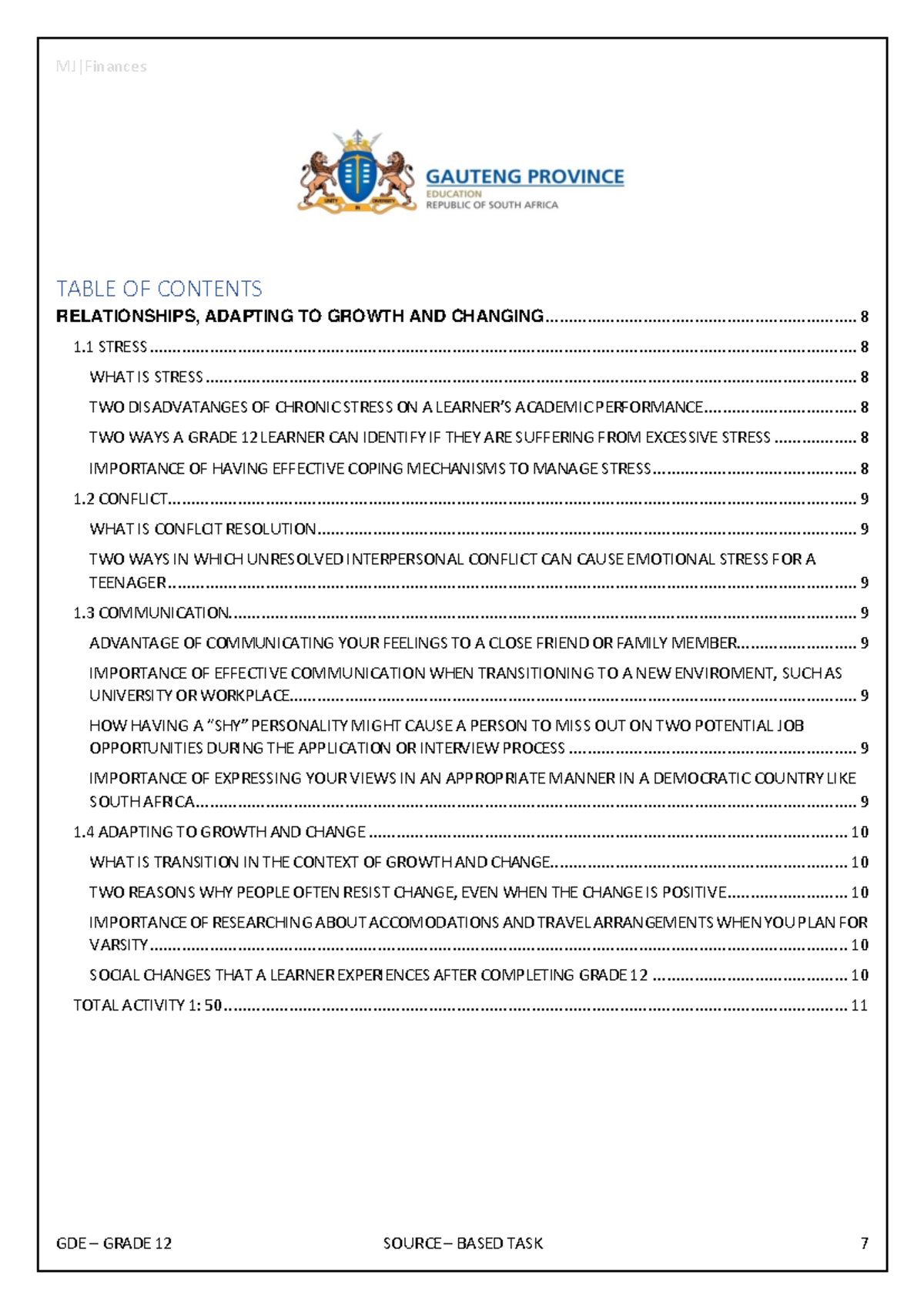 GDE GRADE 12 SOURCE BASED TASK: Relationships & Adapting to Change ...