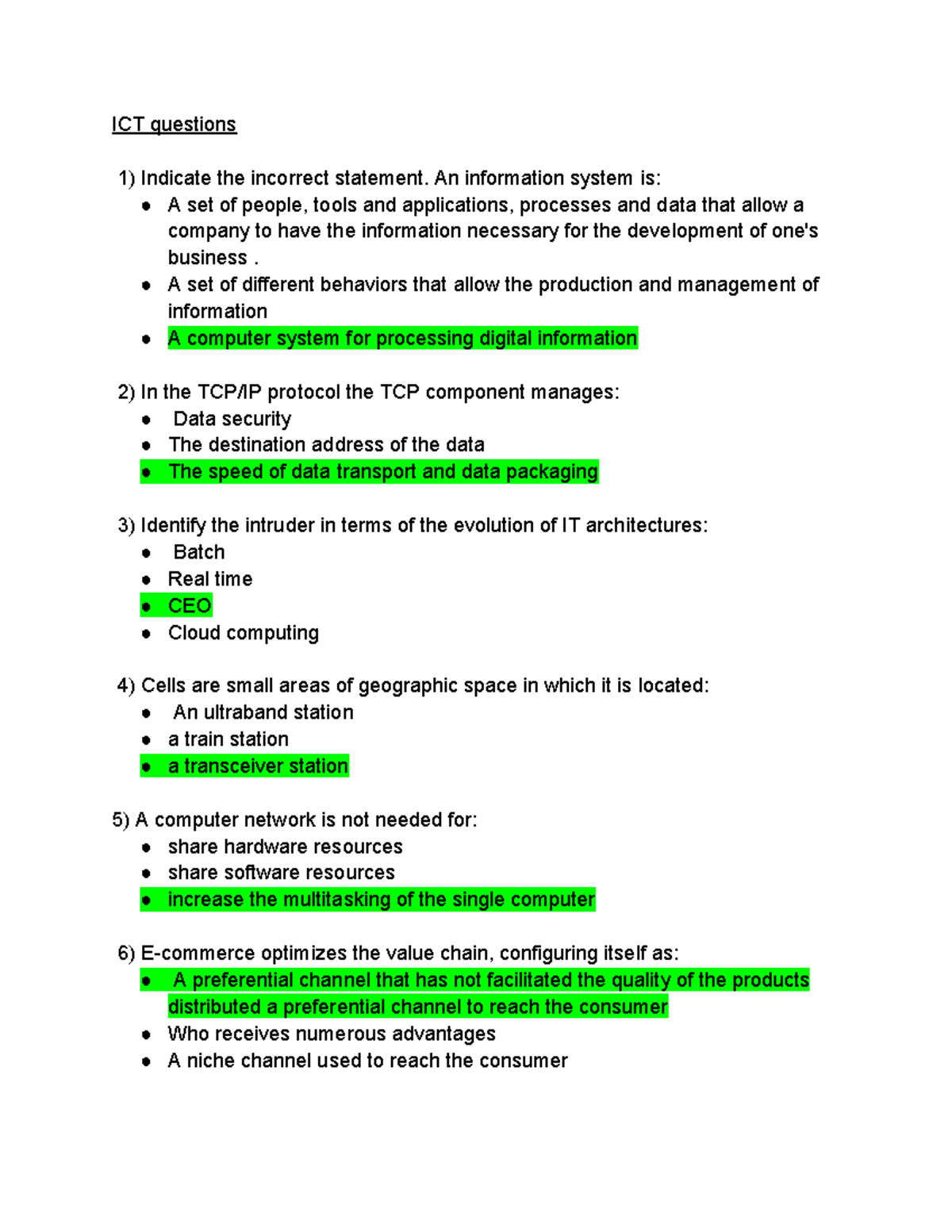 ICT 101 Final Exam Questions on Information Systems - Studocu