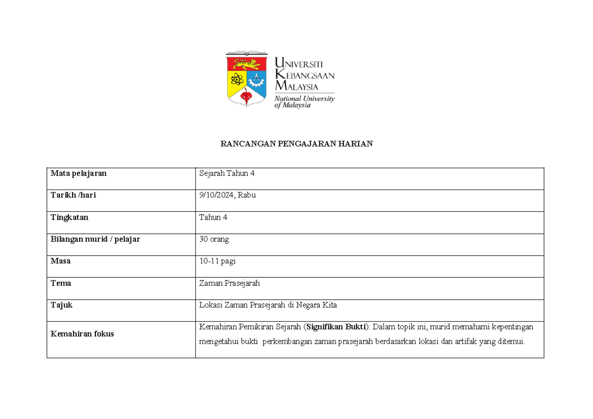 Templete RPH Sejarah - Contoh RPH - RANCANGAN PENGAJARAN HARIAN Mata ...