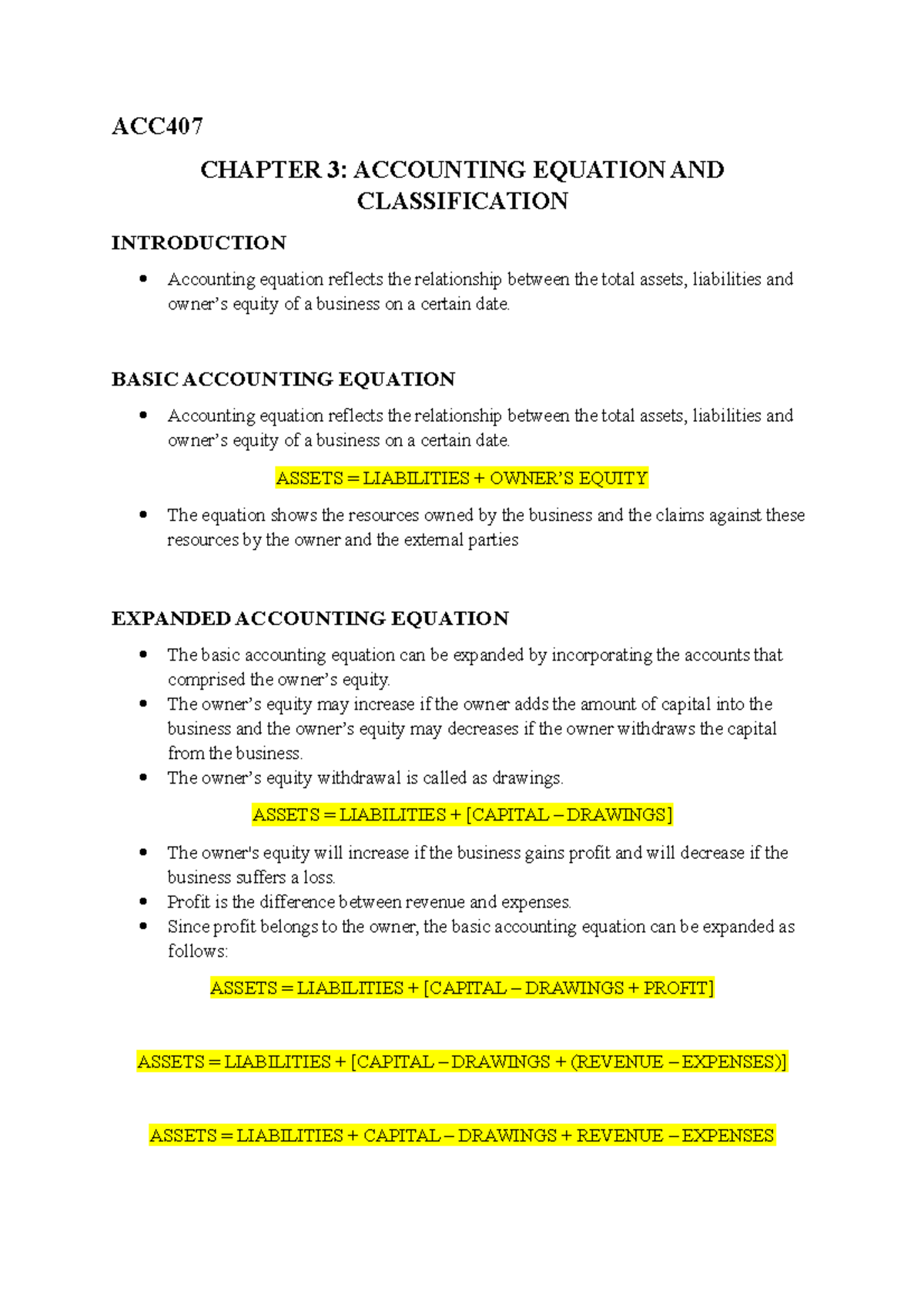 ACC407 Chapter 3: Accounting Equation & Classification Notes - Studocu