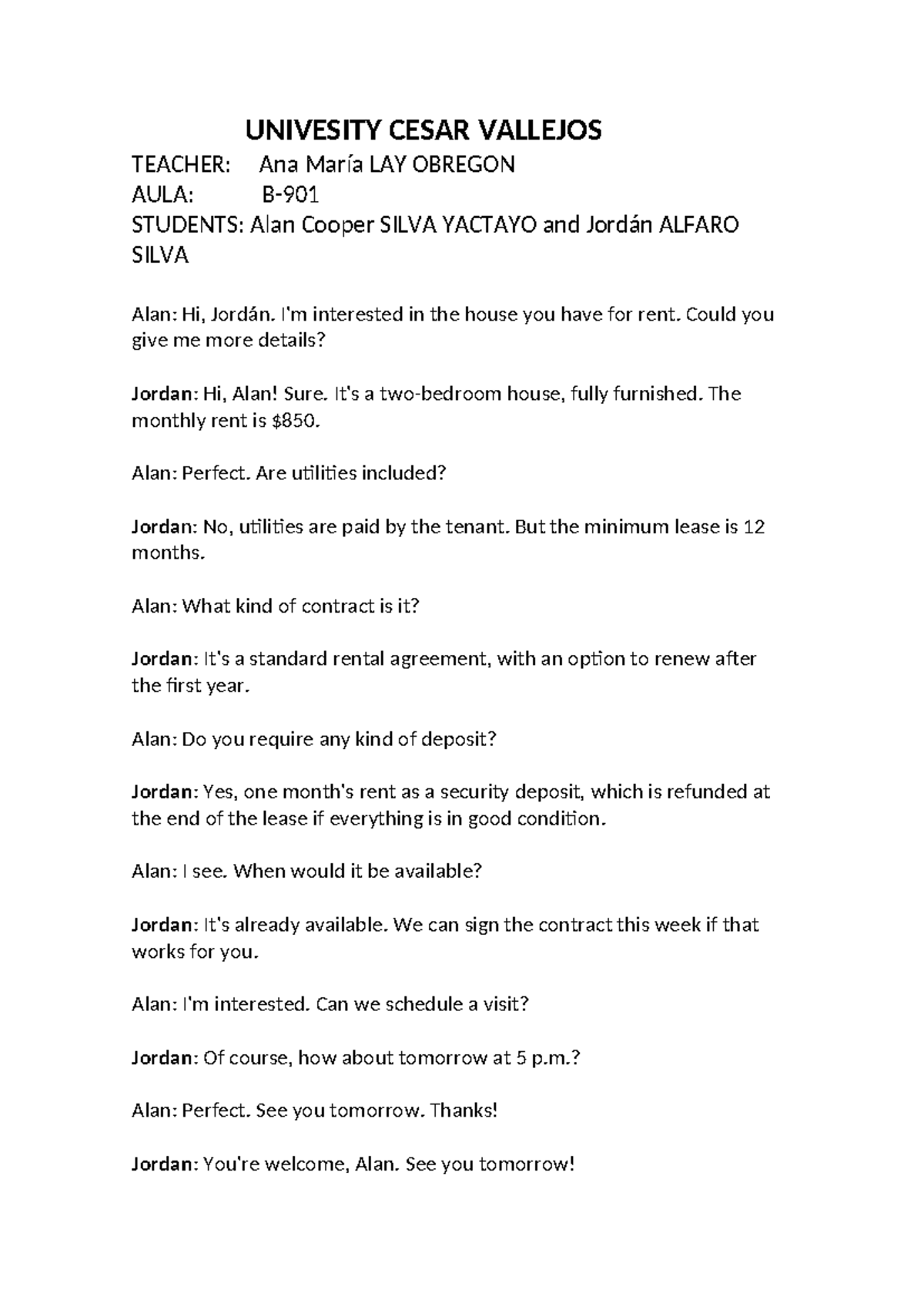 UNIVERSITY CESAR VALLEJOS: Rental Agreement Dialogue Notes - Studocu