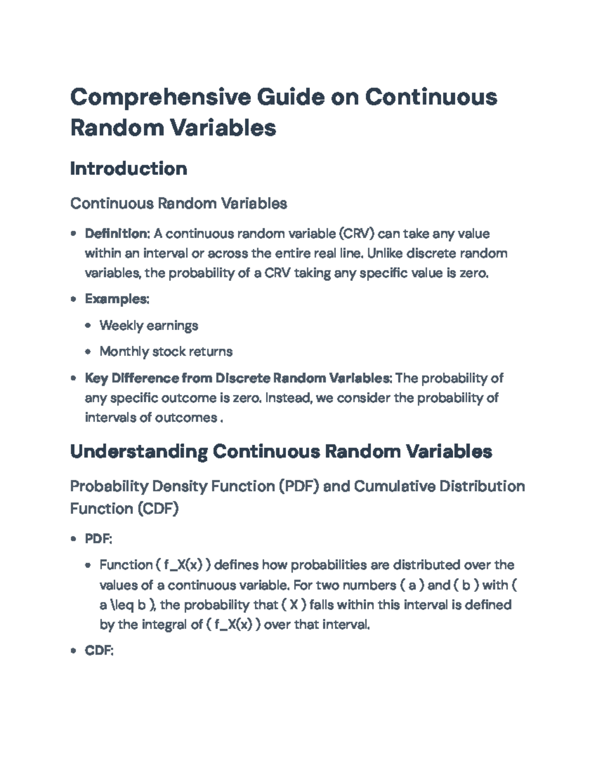 Comprehensive Guide to Continuous Random Variables in Statistics - Studocu