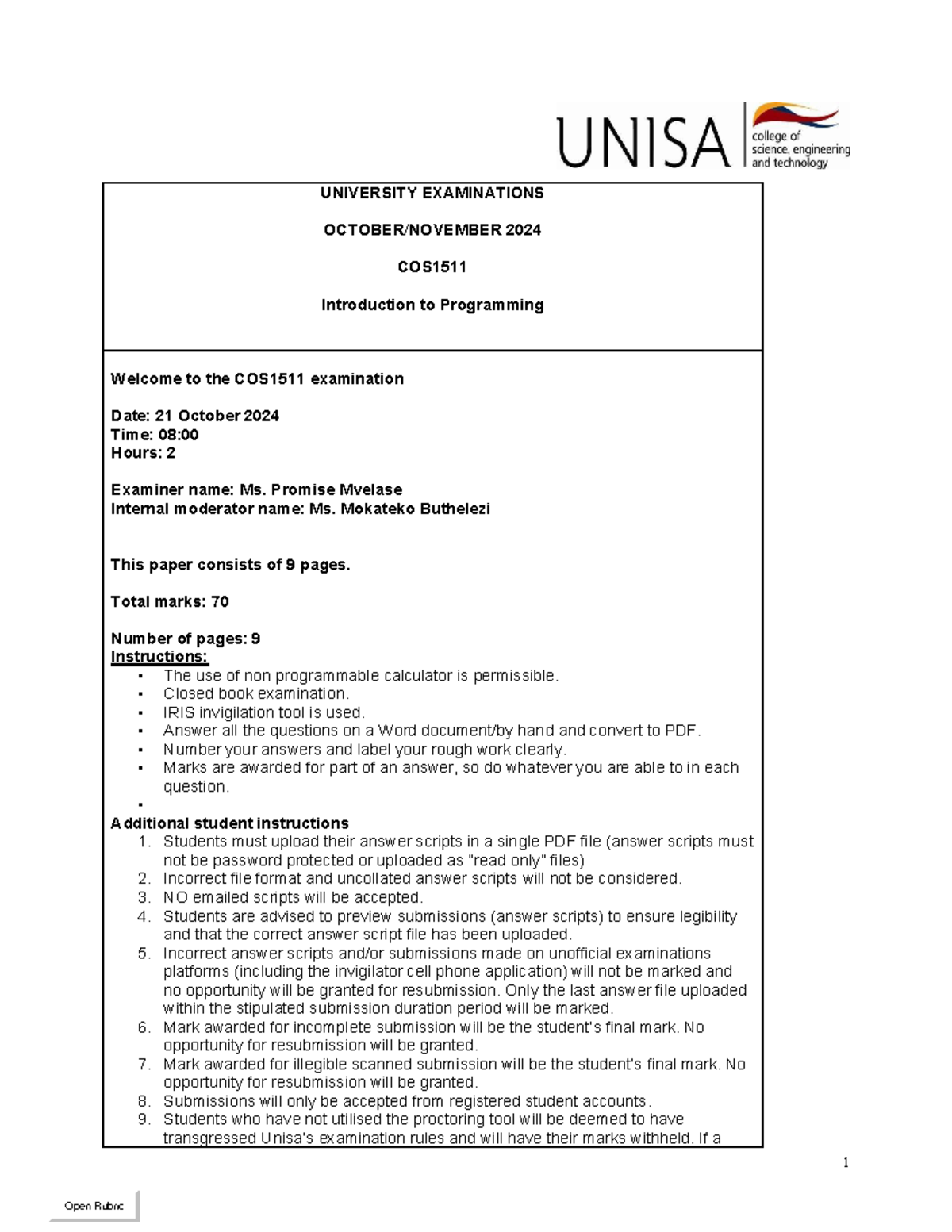COS1511 Final Exam Guidelines and Instructions 2024 - Studocu
