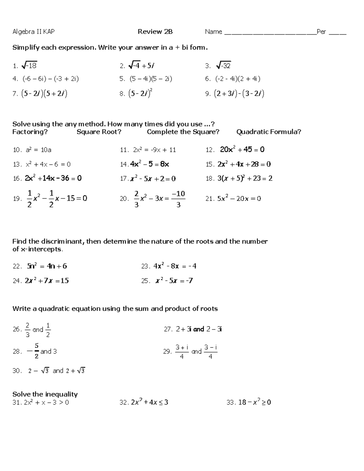 Review 2B 2024 - Thus will help you succedd. - Algebra II KAP Review 2B ...