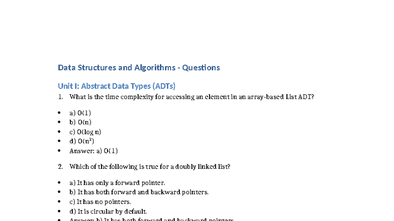 Data Structures Questions - Data Structures and Algorithms - Questions Unit I: Abstract Data ...
