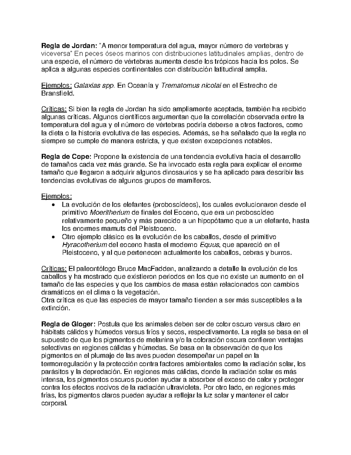 Reglas Ecogeográficas: Jordan, Cope, Gloger y Thorson Explicadas - Studocu