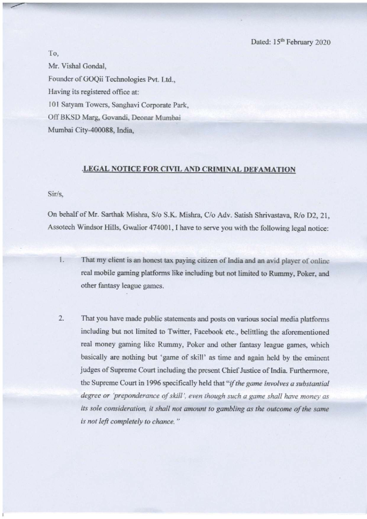 Legal Notice for Defamation Against Mr. Vishal Gondal - 2020 - Studocu