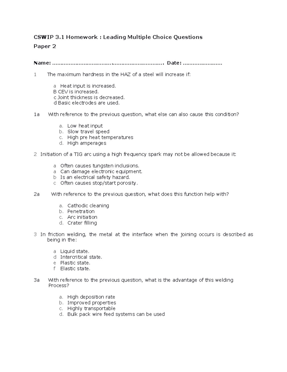 CSWIP 3.1 Homework 2: Multiple Choice Questions on Welding - Studocu
