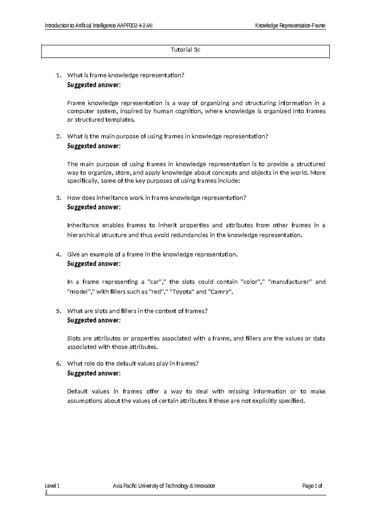 Tutorial 3c Knowledge Representation - Frame - Solution - Introduction ...