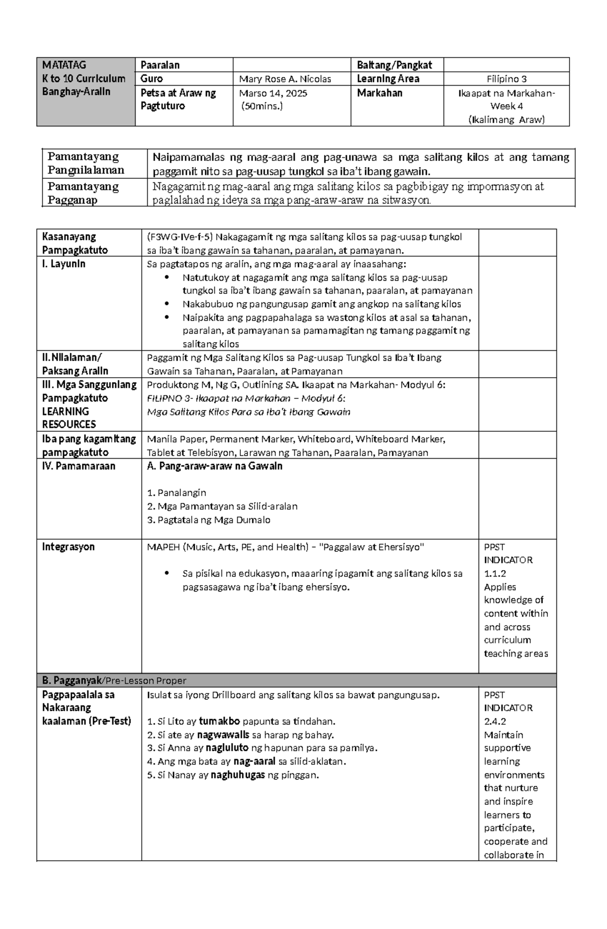 Filipino 3: Ikaapat na Markahan - Paggamit ng Salitang Kilos - Studocu
