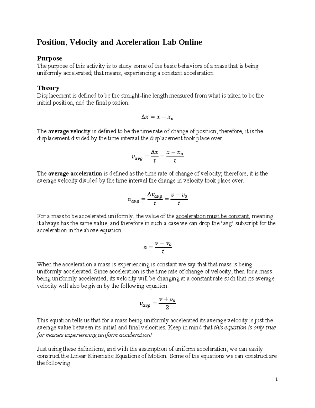 PHY 1611 Position, Velocity, and Acceleration Online Lab - Position, Velocity and Acceleration ...