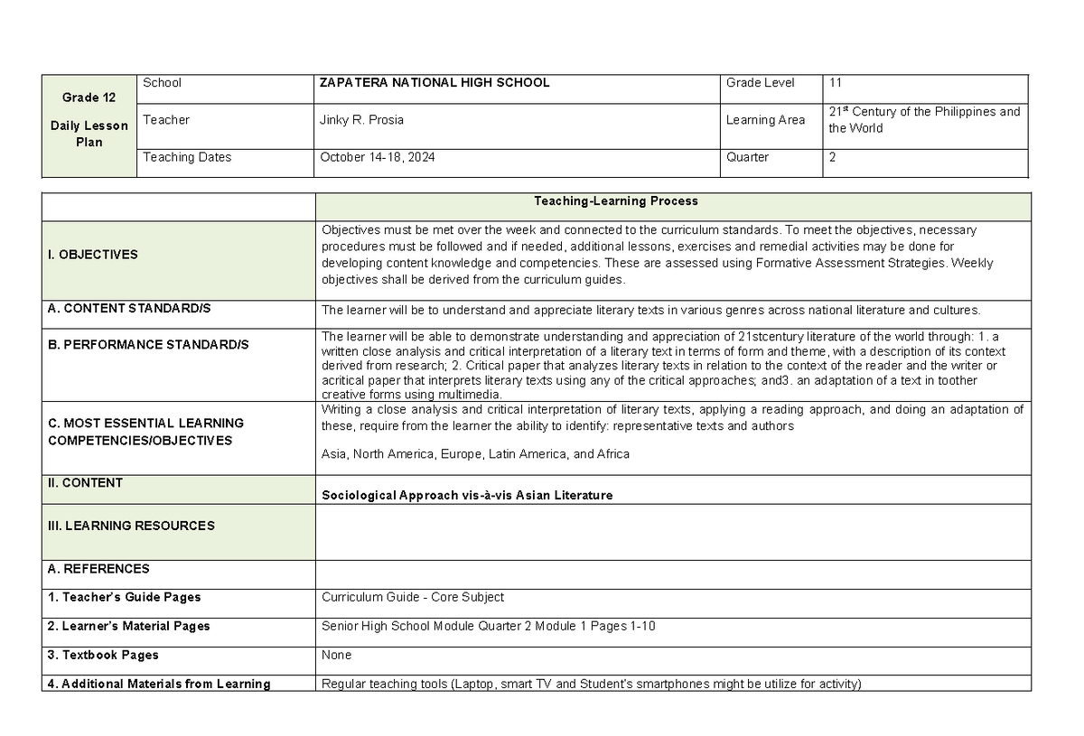 Grade 12 Detailed Lesson Plan: 21st Century Literature and Sociological ...