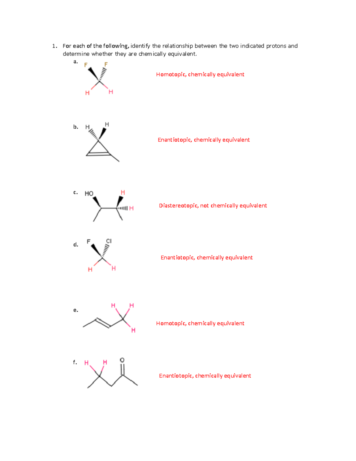 Ch. 16 Practice Worksheet V: Key on Homotopic, Enantiotopic ...