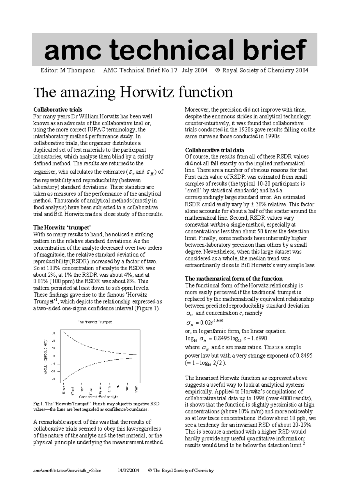 AMC Technical Brief No.17: The Amazing Horwitz Function Explained - Studocu