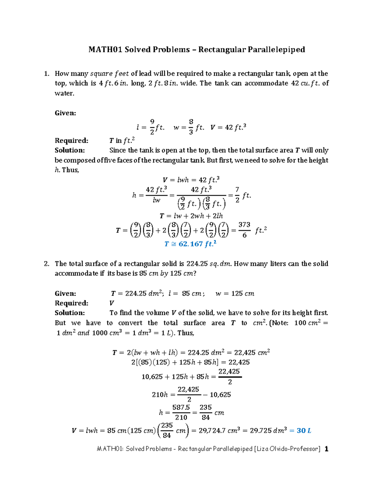 MATH01 Solved Problems on Rectangular Parallelepiped - Volume & Area ...