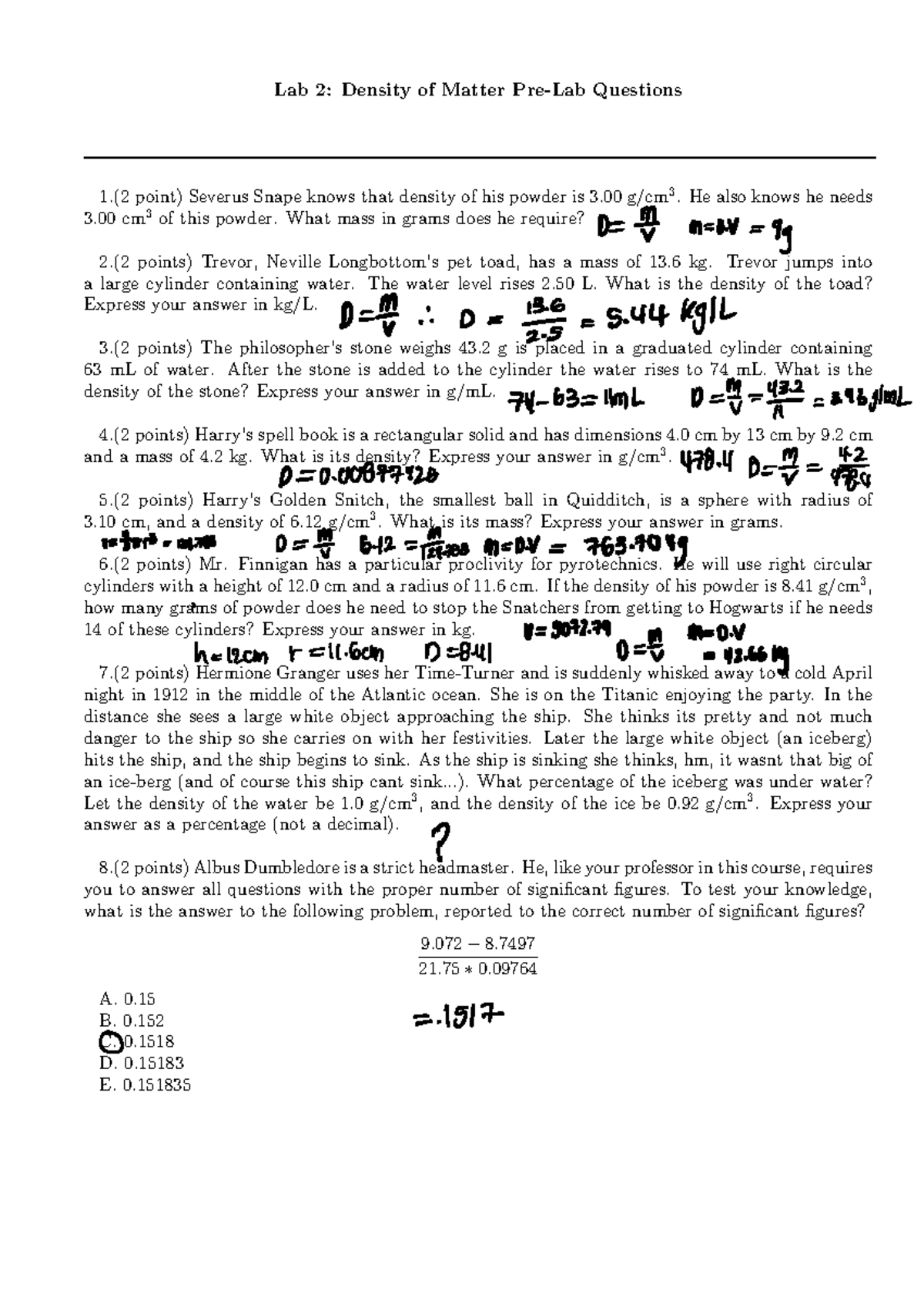 Lab 2: Density of Matter Pre-Lab Questions and Exercises - Studocu