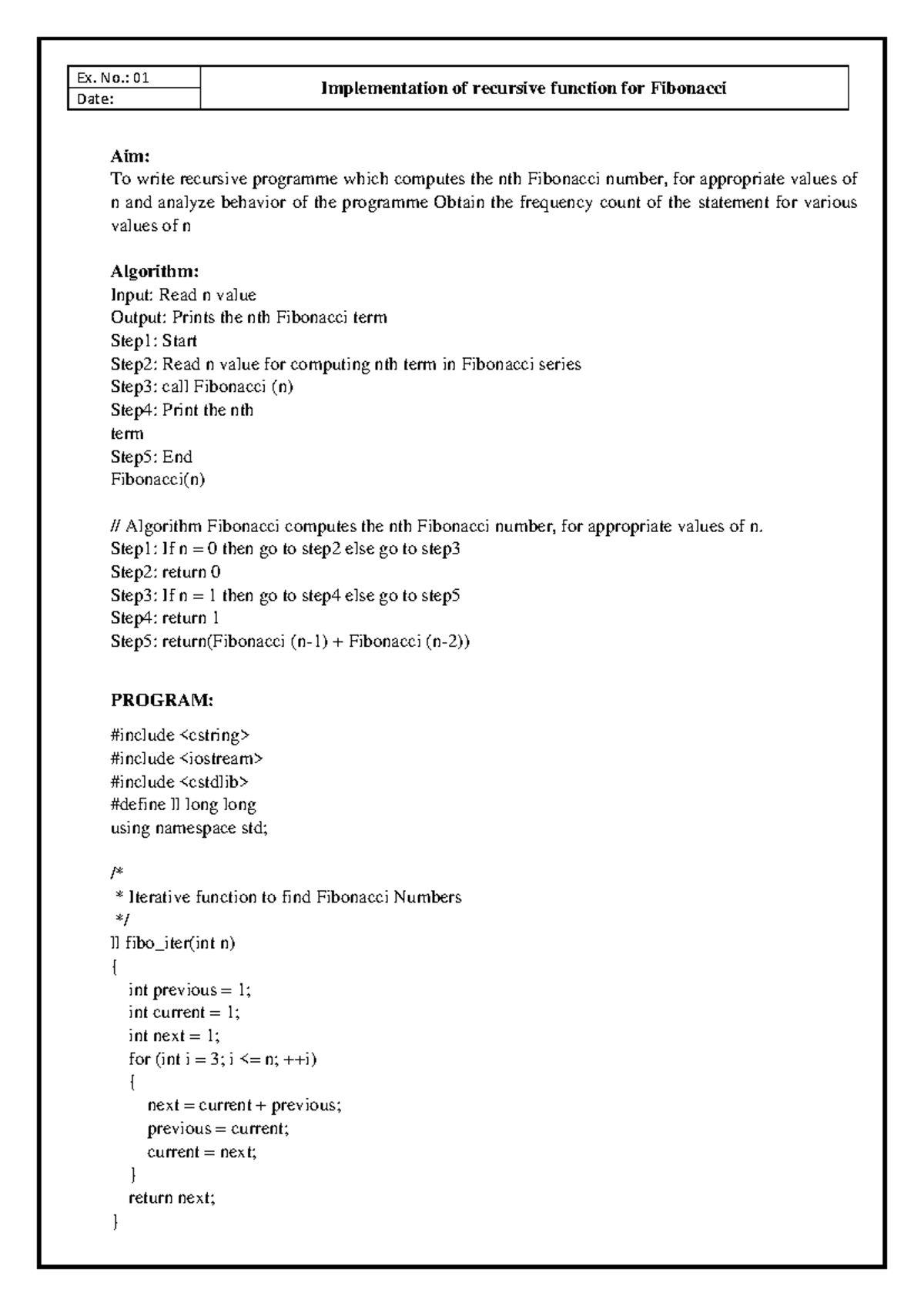 CP4161 ADSA - Nods for adsa - Ex. No.: 01 Date: Implementation of recursive function for ...