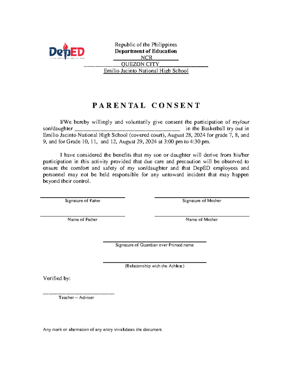Parental Consent Form for Basketball Tryouts - August 2024 - Studocu
