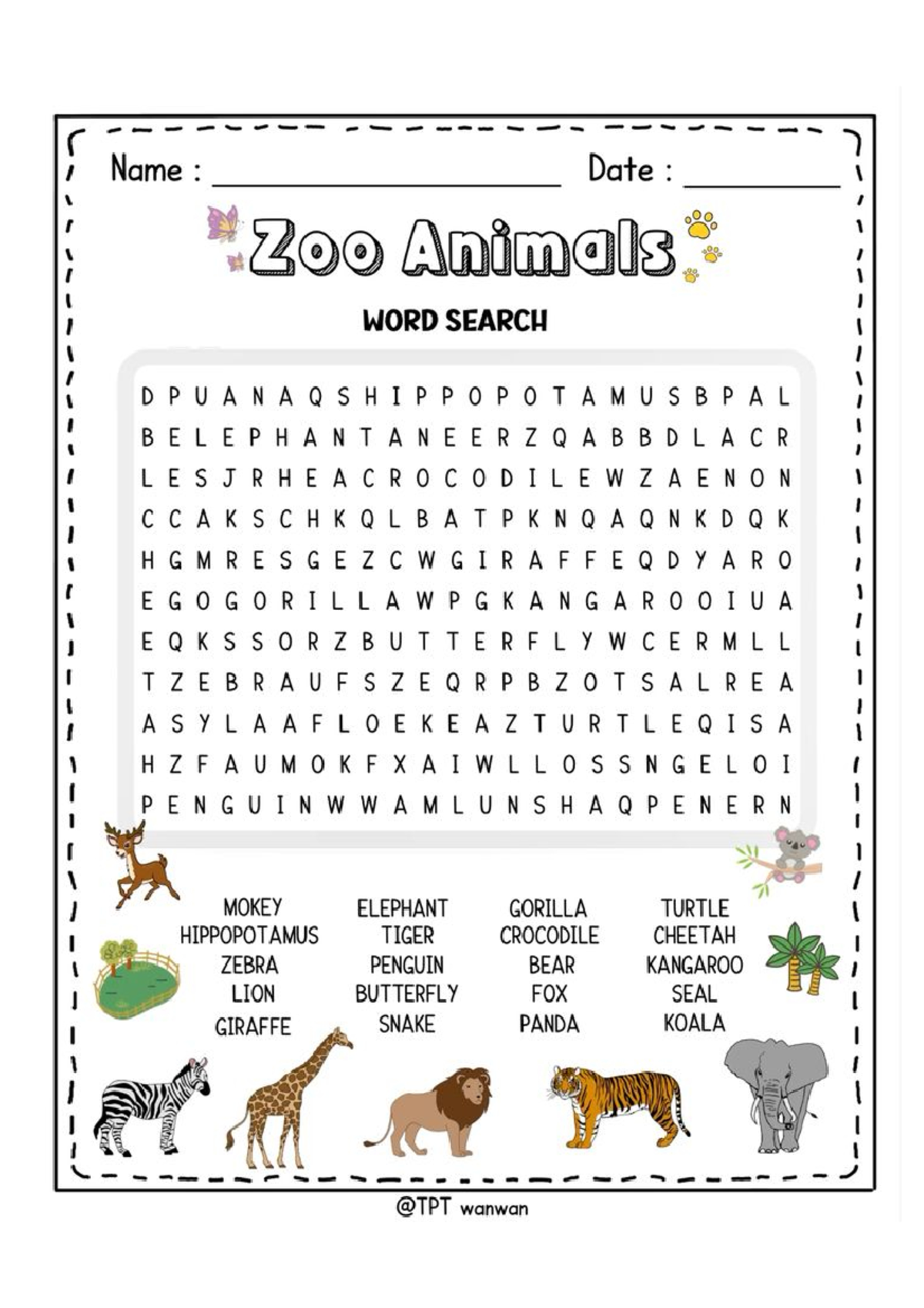 TN Zoo Animals Word Search Activity Worksheet - Studocu