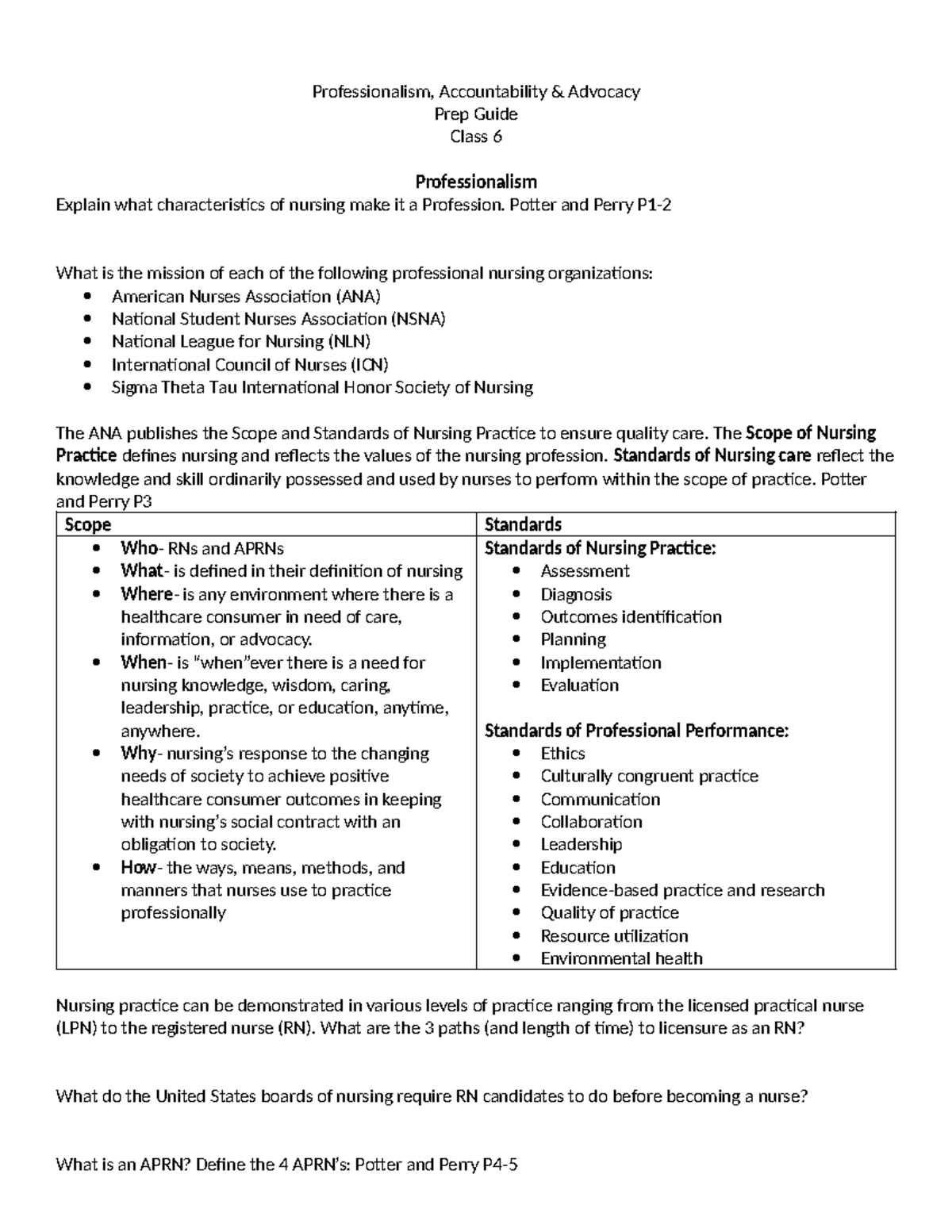 Professionalism, Accountability & Advocacy Class 6 Prep Guide - Studocu