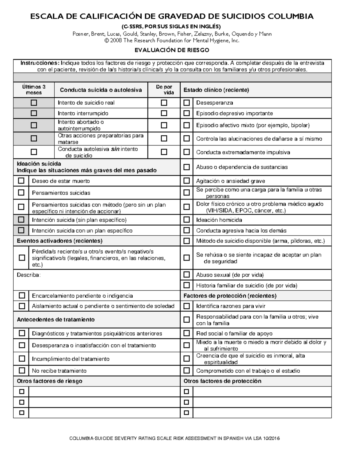 C-SSRS: Evaluación de Riesgo Suicida en Español - LSA-102016 - Studocu