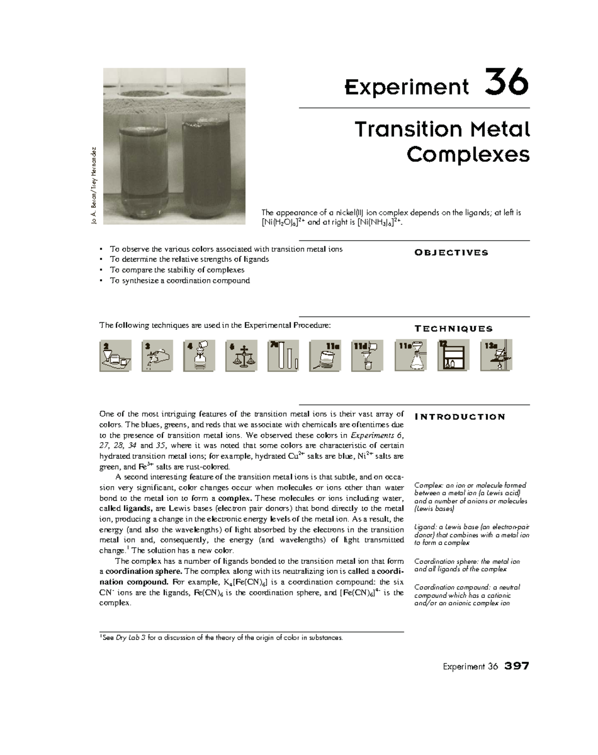 Experiment 36: Transition Metal Complexes and Ligand Stability Analysis ...