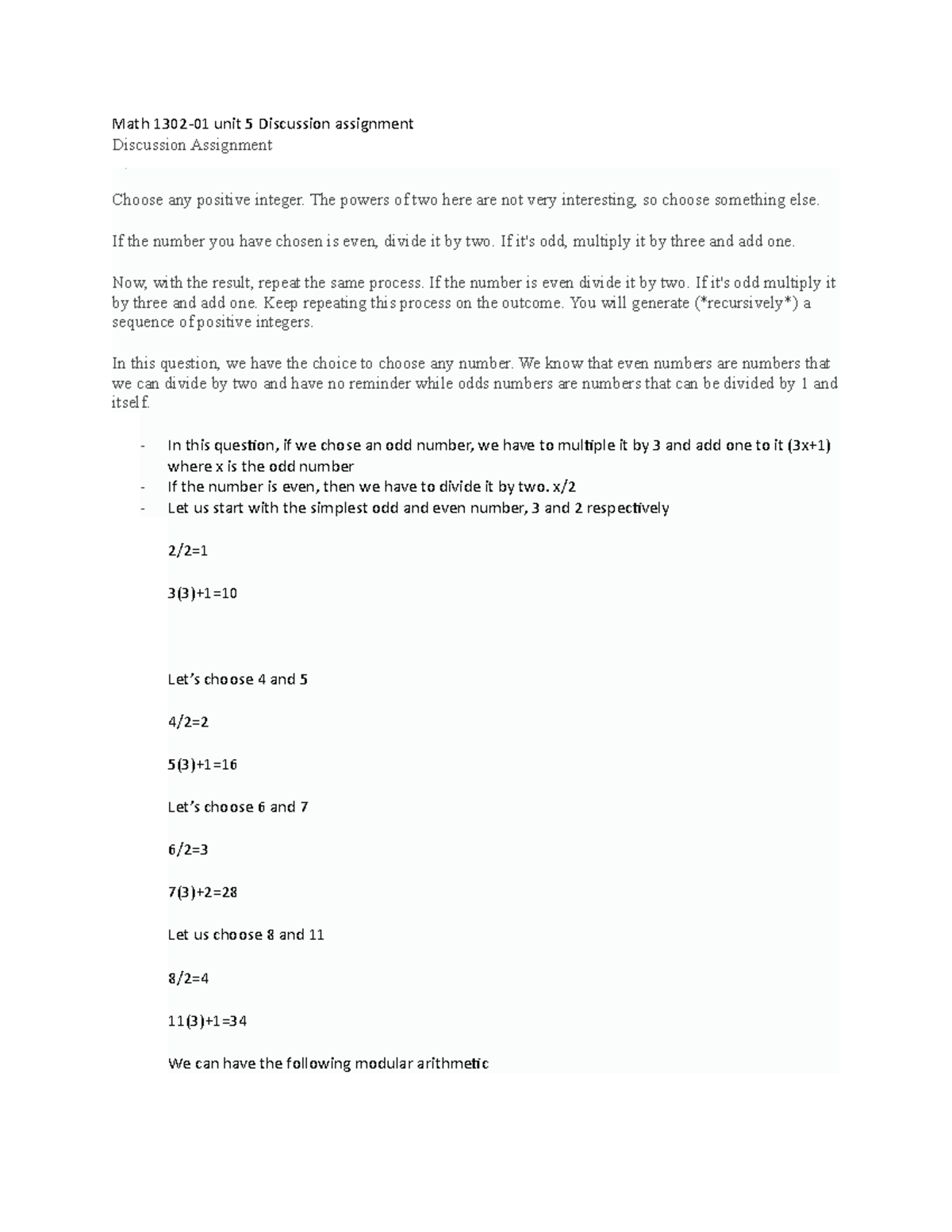 Math 1302 unit 5 discussion - Math 1302-01 unit 5 Discussion assignment ...