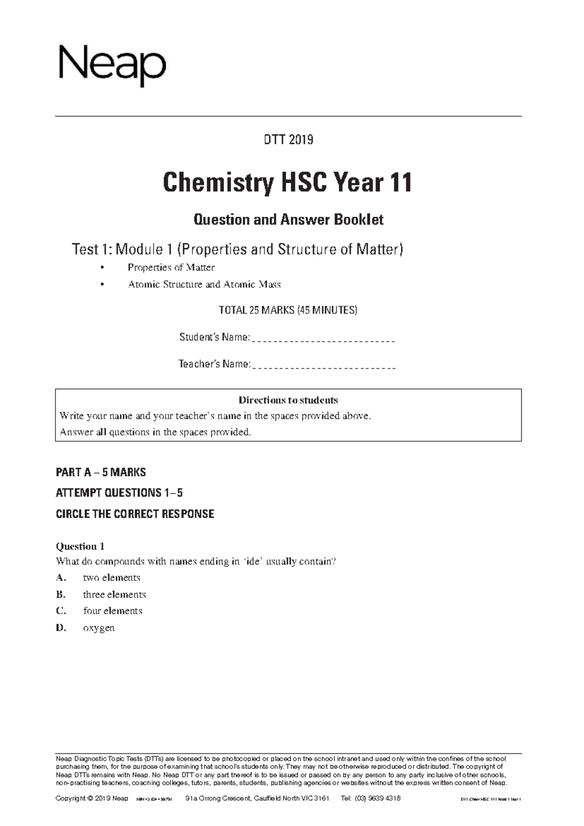 DTT 2019 Chemistry HSC Year 11 Test 1: Properties of Matter & Atomic ...