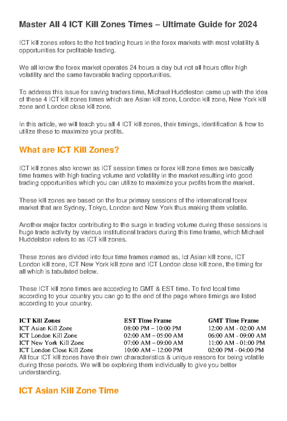 Mastering ICT Kill Zone Times for Forex Trading - 2024 Guide - Studocu