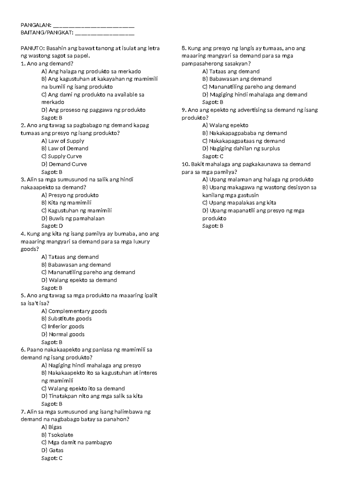 Q2-Quiz 1 (Demand) - Short quiz - PANGALAN ...