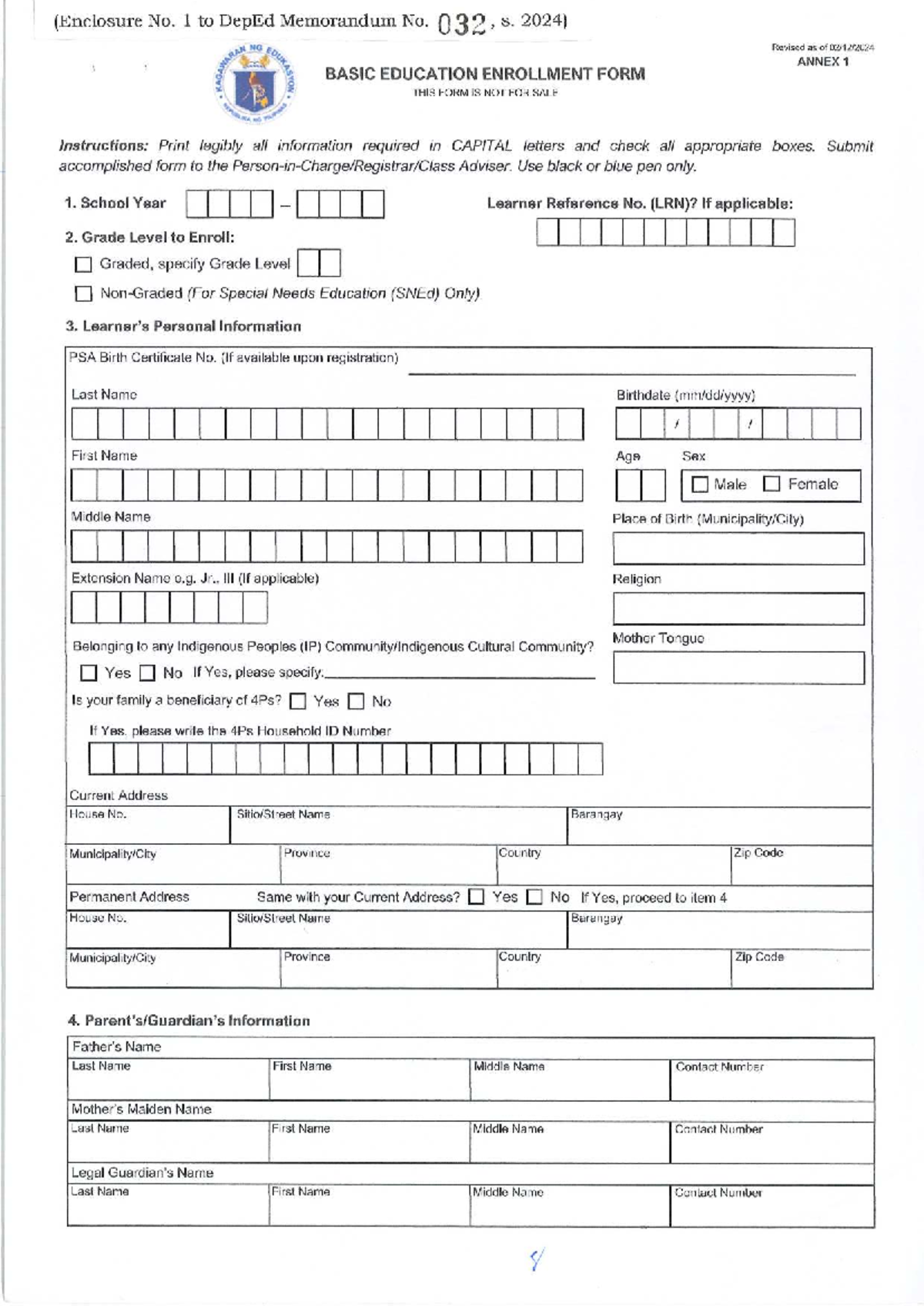 Revised Early Enrollment Form - DepEd Memo No. 032 S. 2024 - Studocu