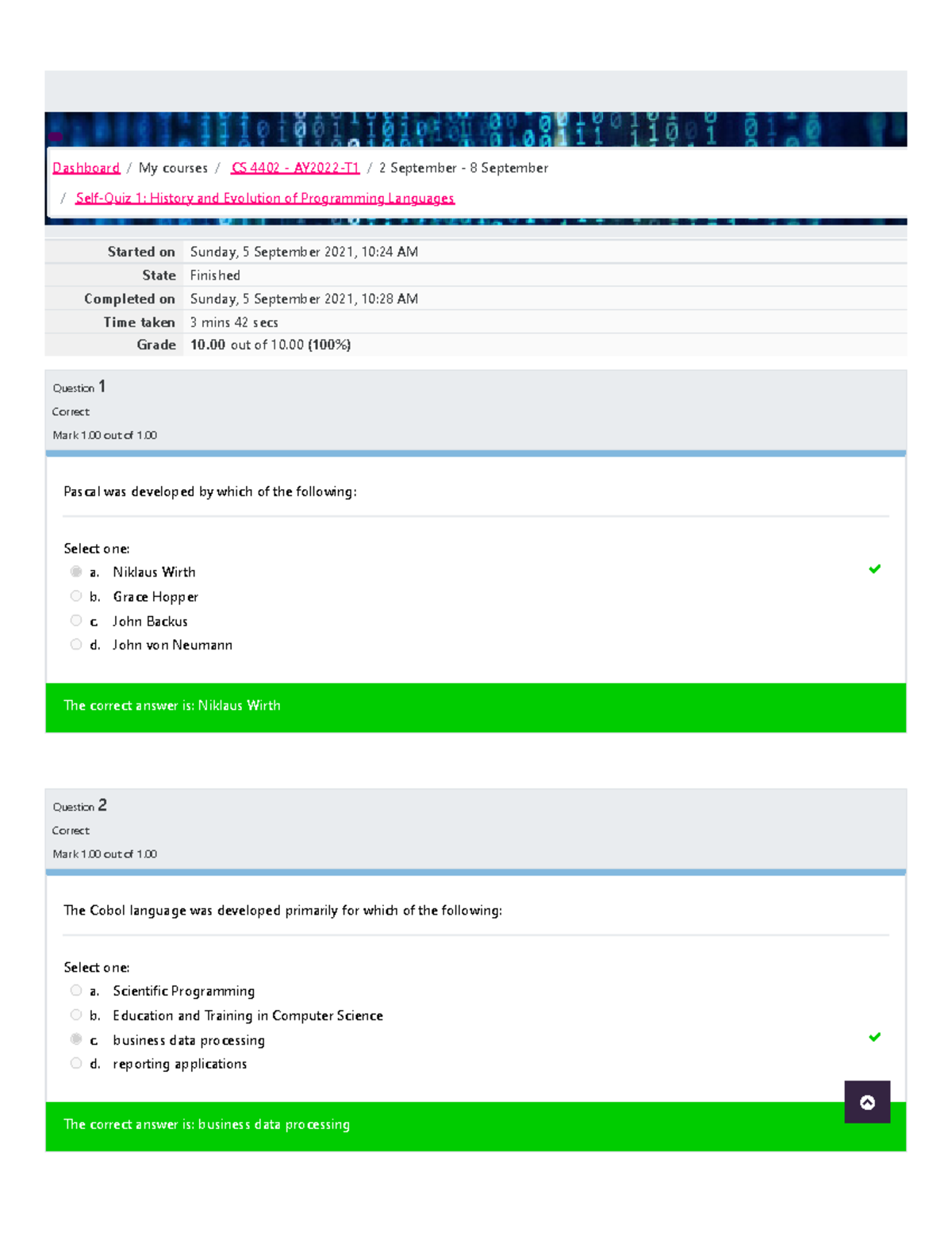 Self-Quiz 1: History & Evolution of Programming Languages (CS 4402 ...