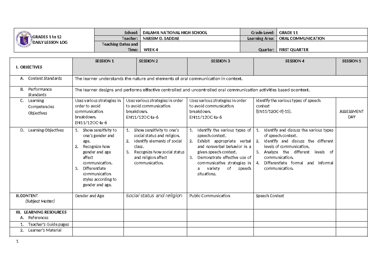 DLL - WEEK 6 - GRADE 11 ORAL COMMUNICATION FIRST QUARTER - Studocu