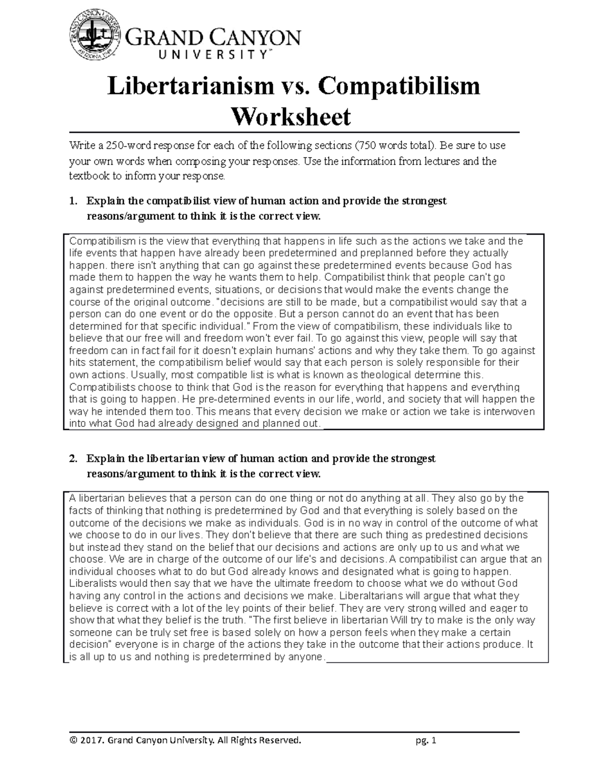 Libertarianism vs. Compatibilism: A Comprehensive Worksheet (PHI 101 ...