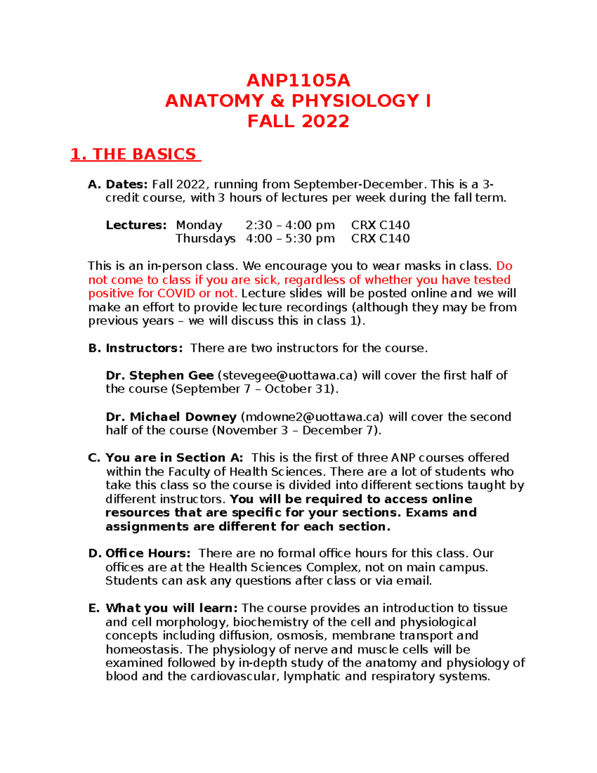 ANP1105 Fall 2022 Anatomy & Physiology I Revised Syllabus - Studocu