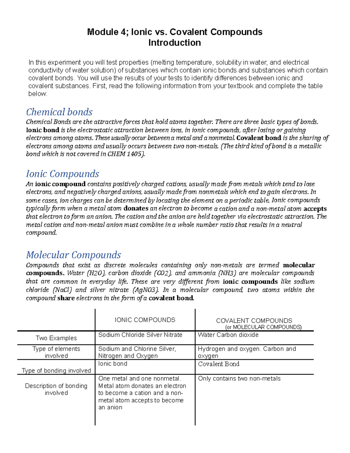 Module 4 Lab 1: Ionic vs. Covalent Compounds Experiment Results - Studocu