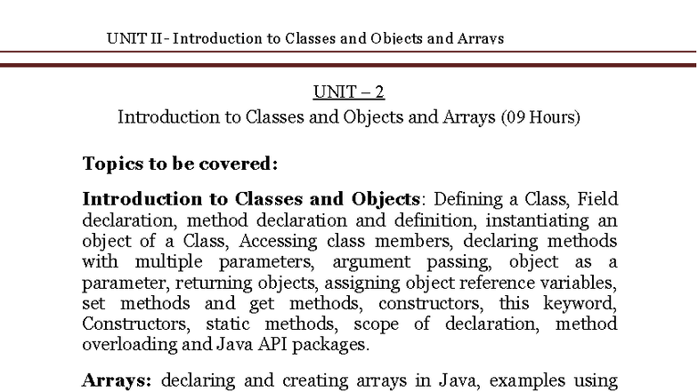 UNIT 2: Introduction to Classes, Objects, and Arrays Concepts - Studocu