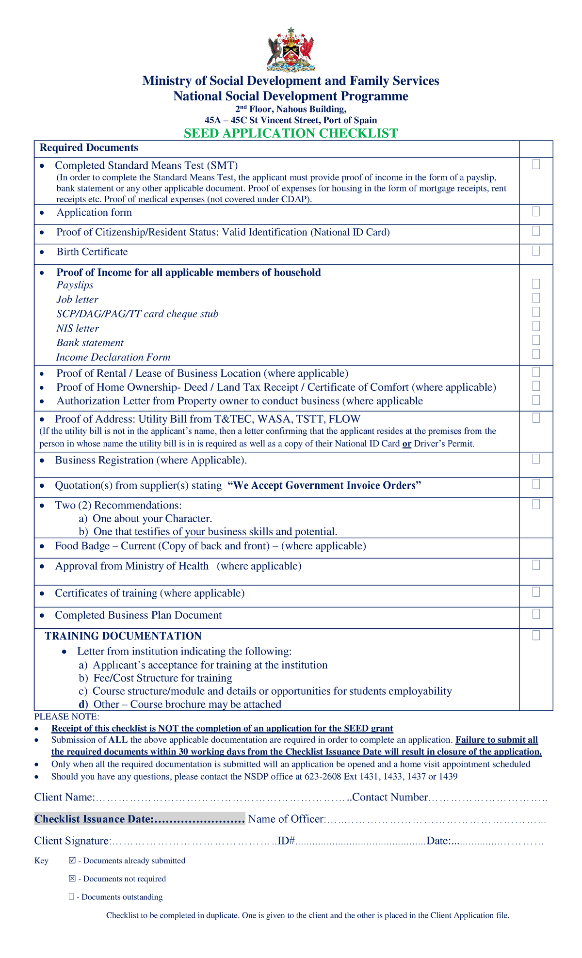 SEED Application Checklist for National Social Development Programme ...