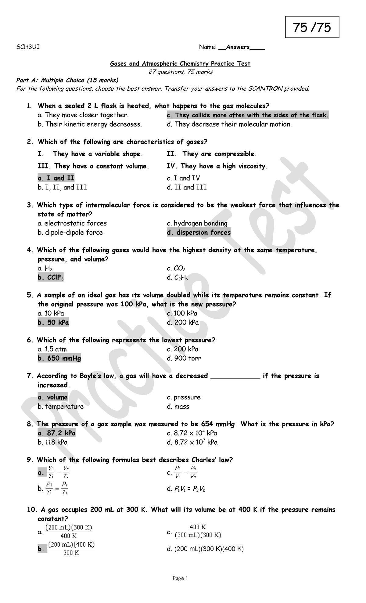 75 SCH3UI Gases and Atmospheric Chemistry Practice Test Answers - Studocu
