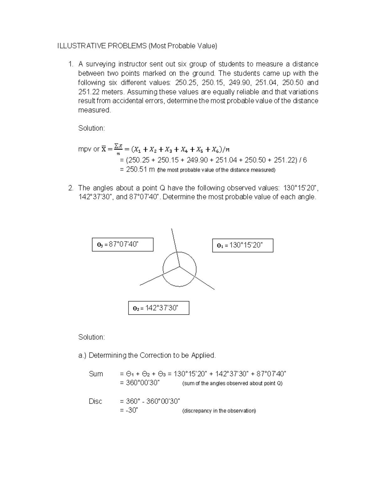 Most Probable Value Surveying Material Illustrative Problems Most